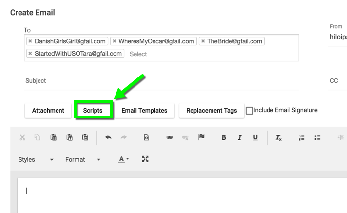 How to insert saved "Scripts" into emails in Hilo – Hilo CRM